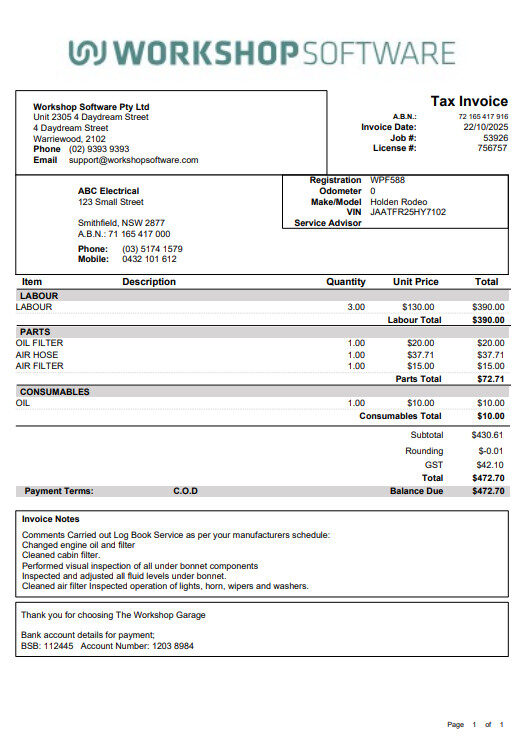 What are the invoice formats - Workshop Software