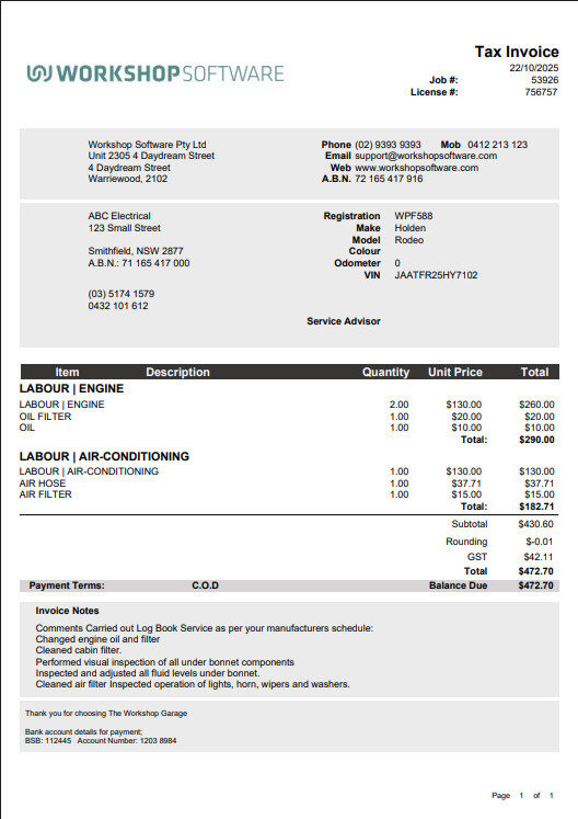 What are the invoice formats - Workshop Software