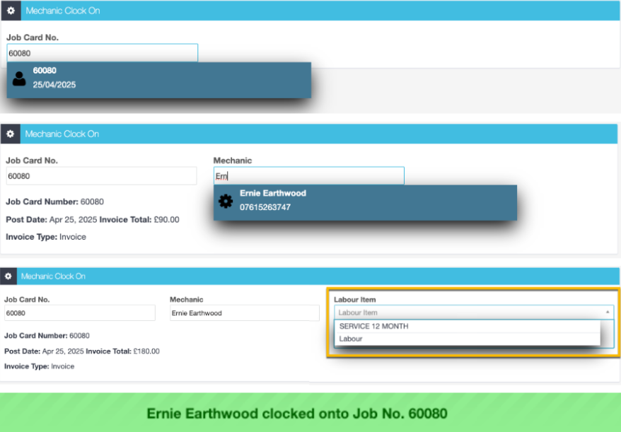 Mechanic Clock On and Clock Off in Workshop Software - Workshop Software