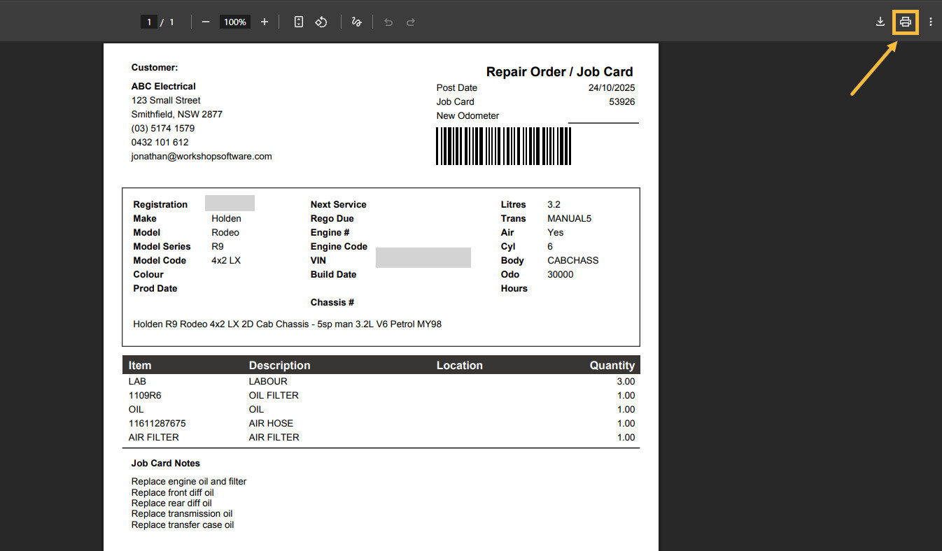 How to print a job card - Workshop Software